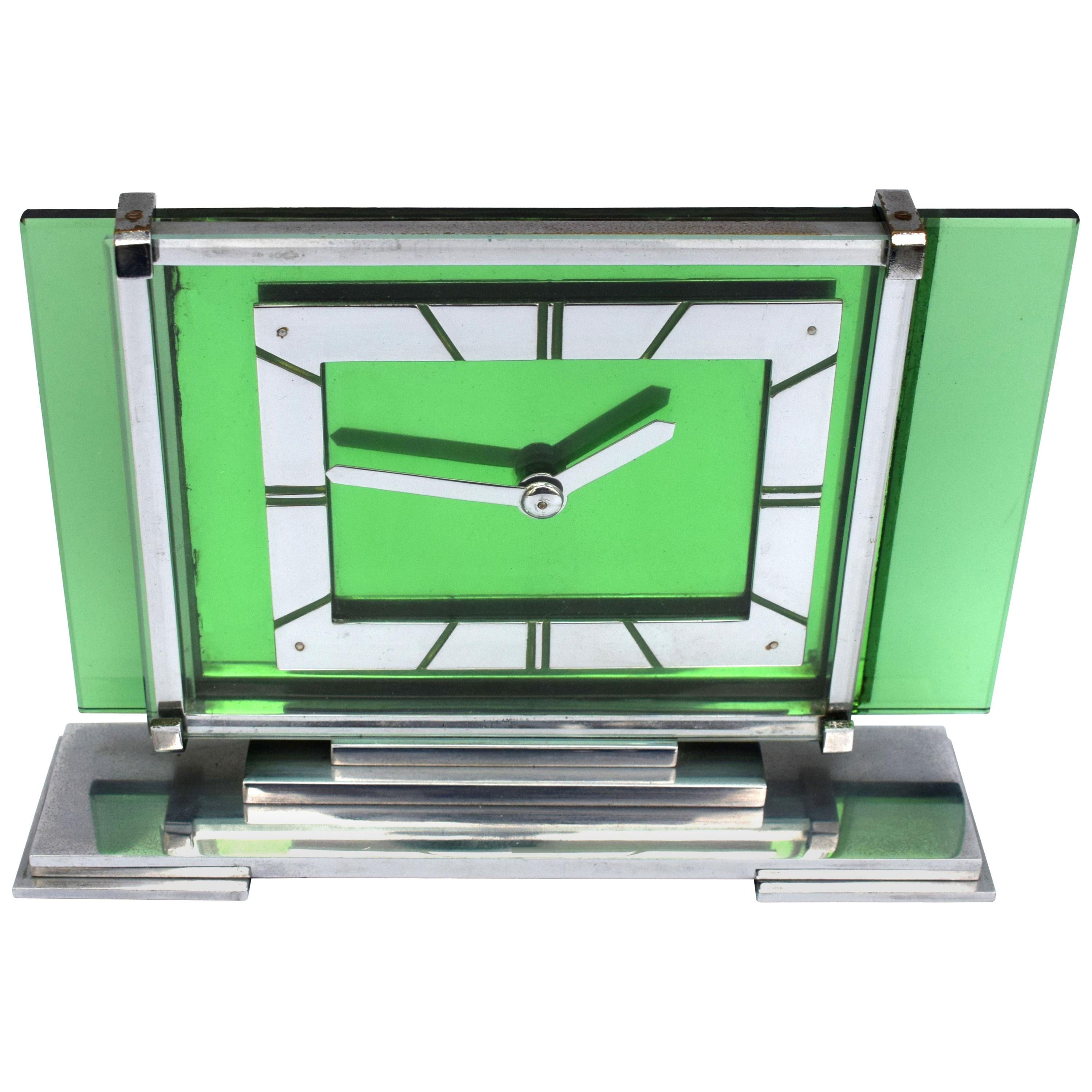 Art Deco 8 Day Green Glass and Chrome Mantle Clock by Ambec, 1930 at ...