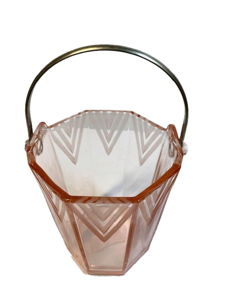 Art Deco 8 Sided Pink Glass Ice Pail with Etched Triangle Motif Around ...