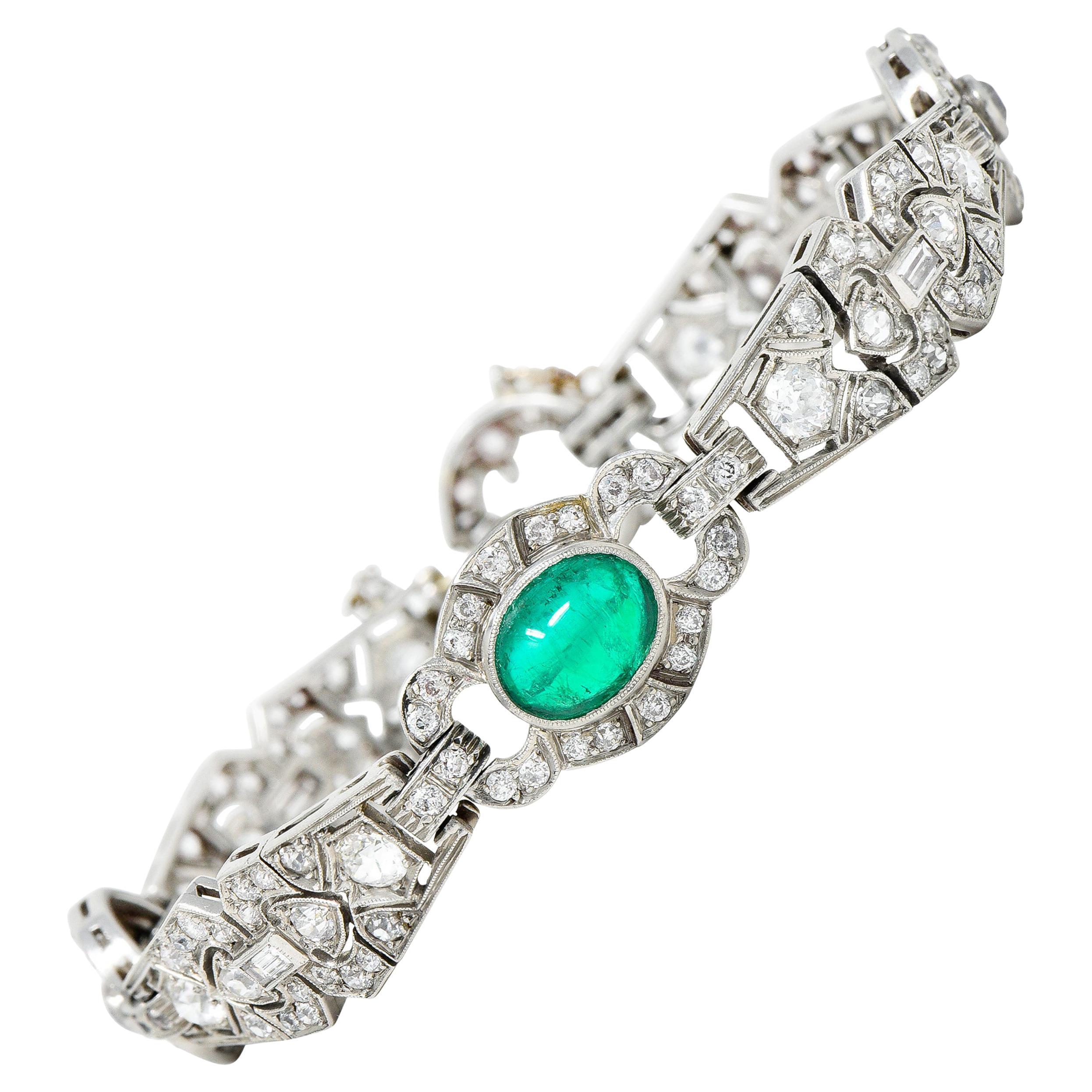 Art Deco Emerald Diamond Platinum Link Bracelet at 1stDibs
