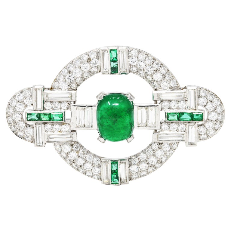 Art Deco 9.00 Carats Emerald Pavé Diamond Platinum Circular Gemstone ...