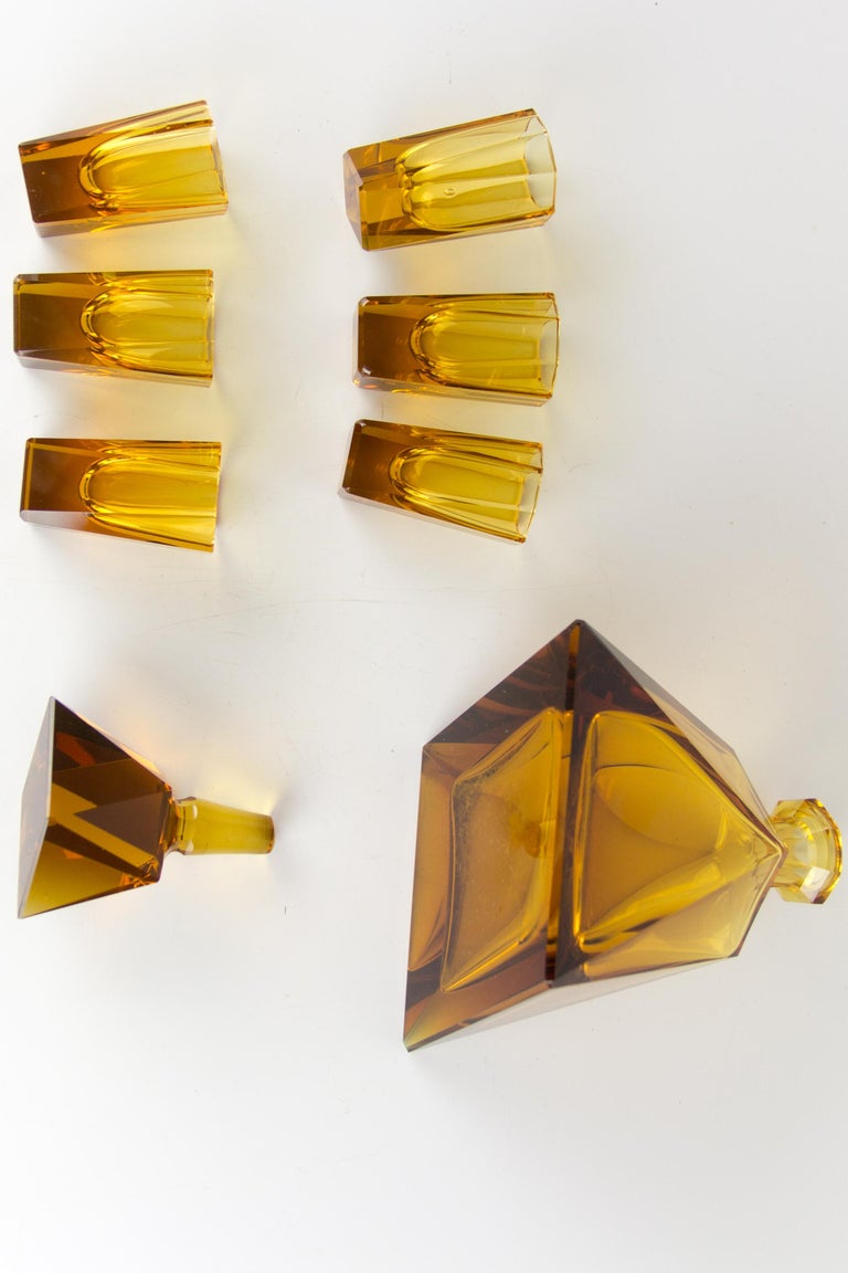 Art Deco Amber Colored Bohemian Glass Decanter and 6 Glasses Set, 1930s ...