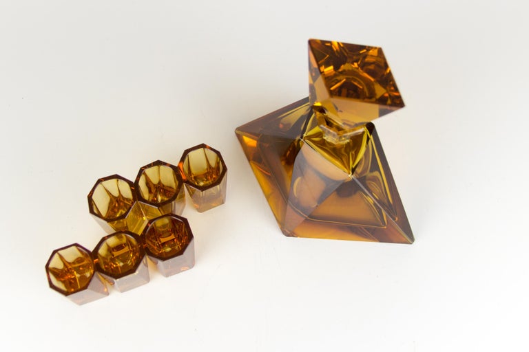 Art Deco Amber Colored Bohemian Glass Decanter and 6 Glasses Set, 1930s ...
