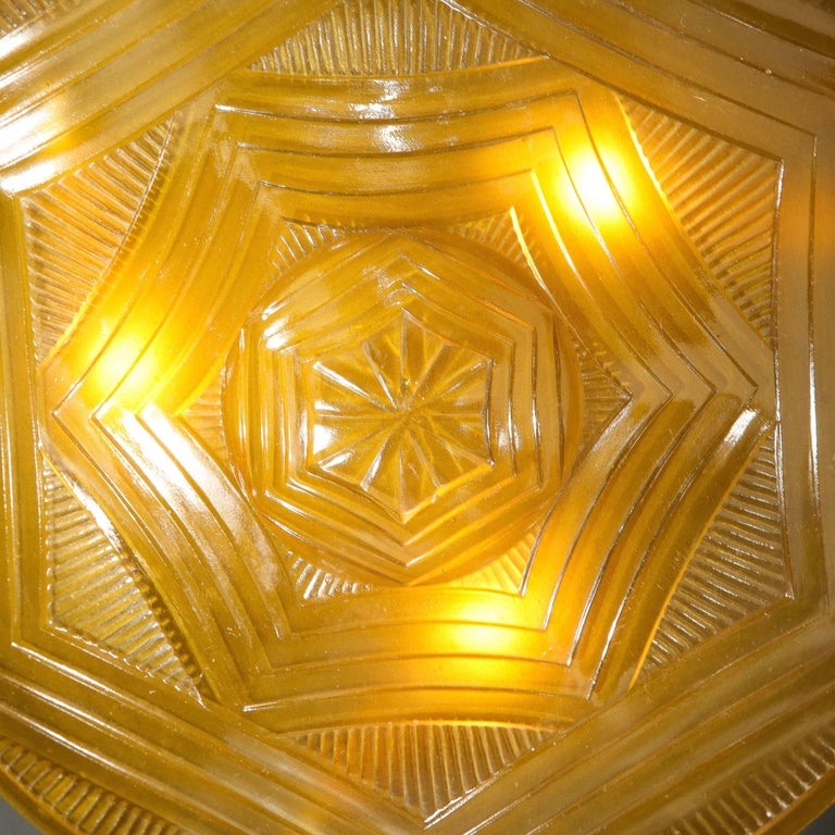 Art Deco Amber Glass Pendant w/ Streamlined Motifs and Gilded Bronze ...