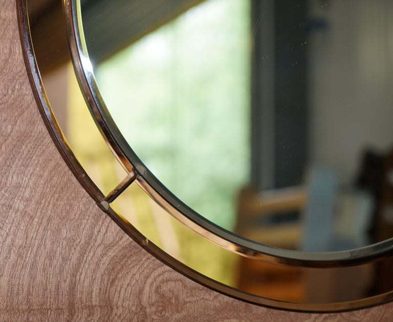 Art Deco Amber / Peach Glass Round Bevelled Wall Mirror Stunning Glass ...