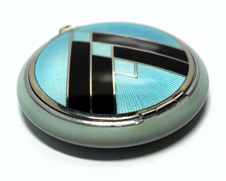 Art Deco American Evans 'Tapsift' Blue Enamel Guilloche Compact at 1stDibs