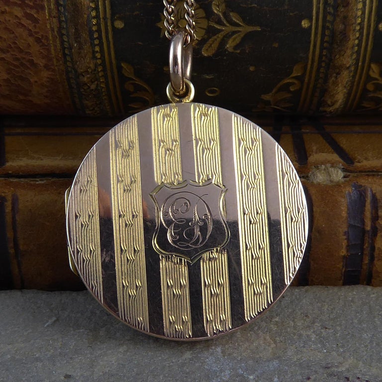 Art Deco Antique Engraved Round Locket, circa 1920, Gold Chain at 1stDibs