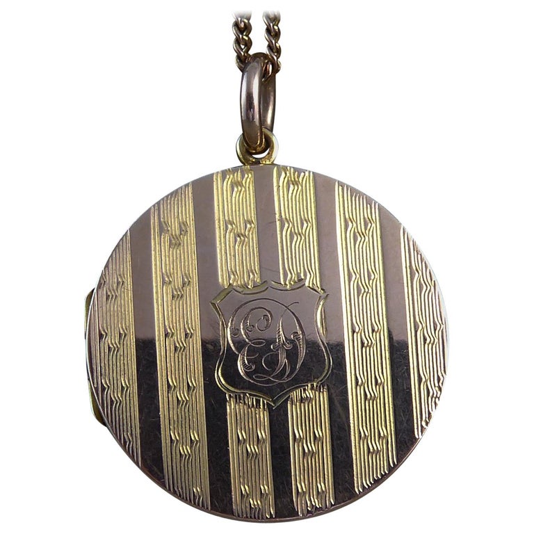 Art Deco Antique Engraved Round Locket, circa 1920, Gold Chain at 1stDibs