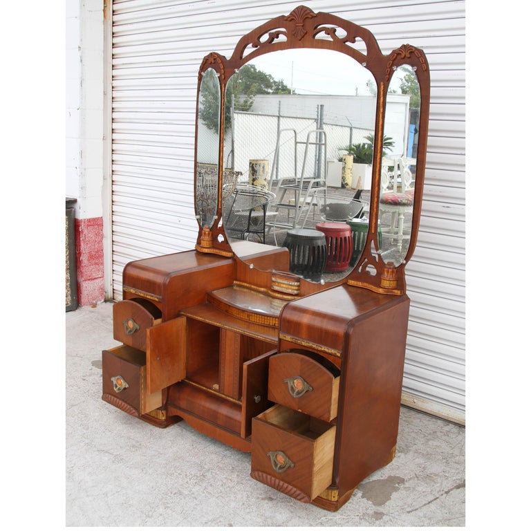 Art Deco Antique Waterfall Dresser with Carved Mirror For Sale at 1stDibs