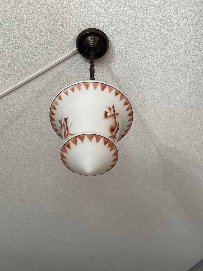 Art Deco Asian Style Lantern Pendant with Stylized Trees Graphics and ...