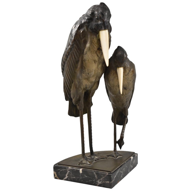 Art Deco Austrian Bronze Storks or Heron on Marble For Sale at 1stDibs