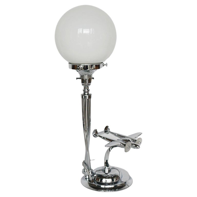Art Deco Aviation Table Lamp Chromed Metal and Glass at 1stDibs