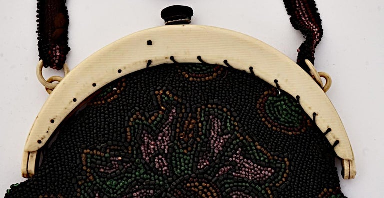 Art Deco Bag with Black Yellow Red Green Mauve Beads and Cream ...