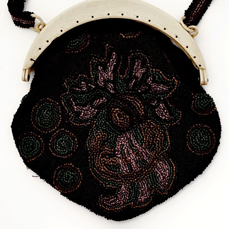 Art Deco Bag with Black Yellow Red Green Mauve Beads and Cream ...