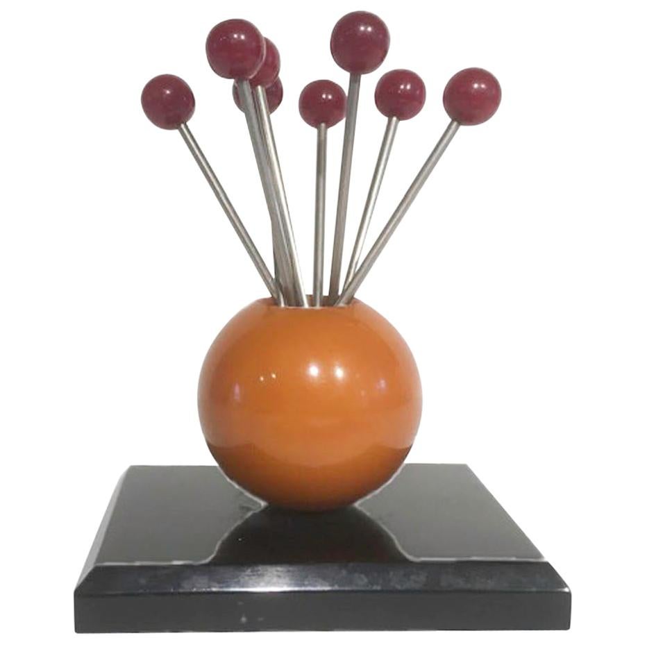 French Art Deco Chrome and Bakelite Cocktail Pick Set with Snail Holder ...