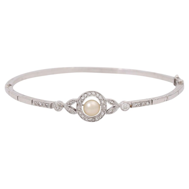 Art Deco Bangle with Pearl and Diamonds For Sale at 1stDibs