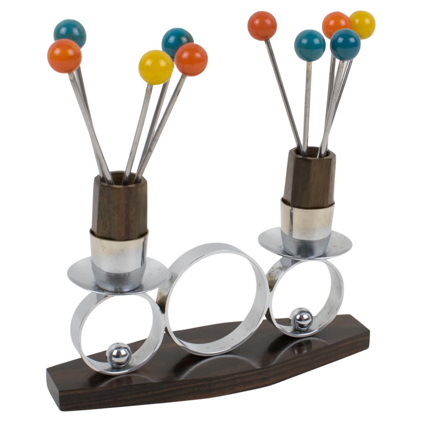 French Art Deco Chrome and Bakelite Cocktail Pick Set with Snail Holder ...