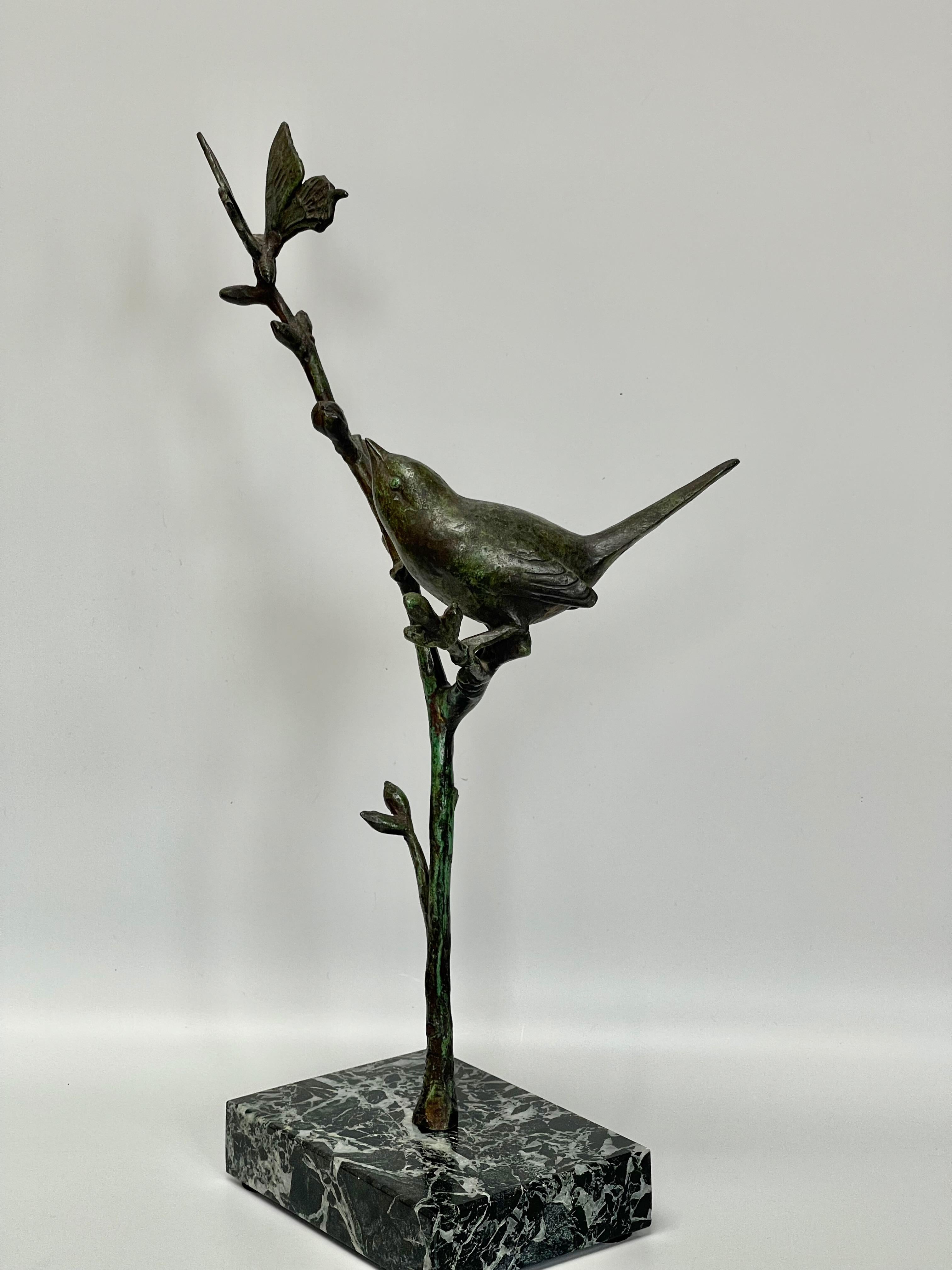 Art Deco Bird Sculpture on a Bronze Branch Signed Scuderi at 1stDibs