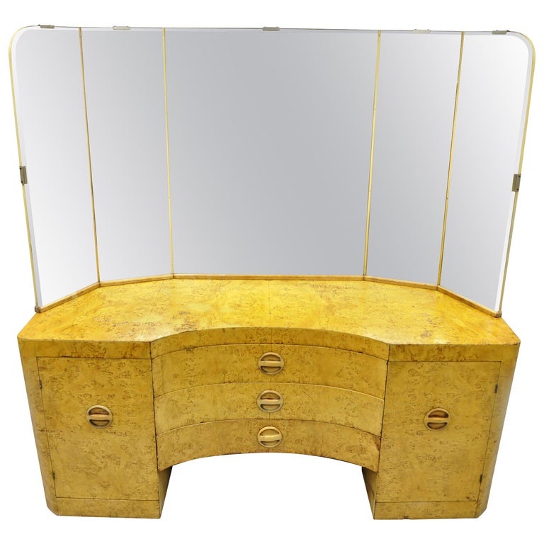 Art Deco Bird's-Eye Maple Vanity Table 5-Panel Mirror after Gilbert ...