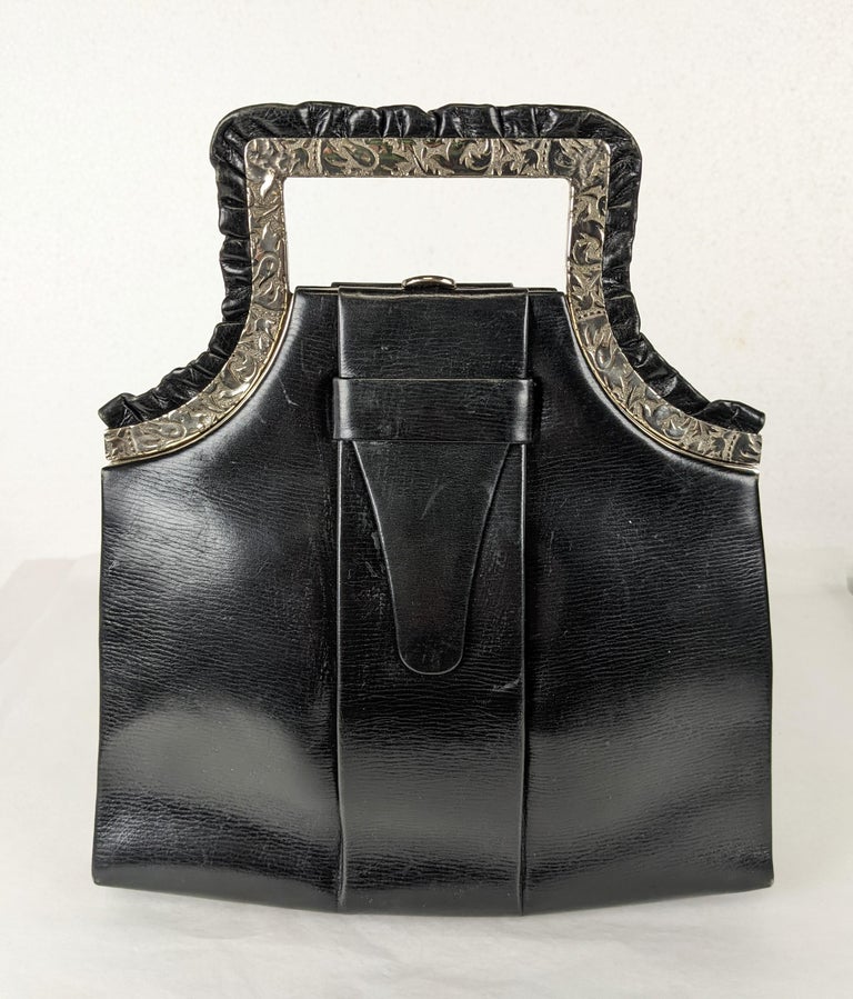 Art Deco Black Calf Top Handle Bag For Sale at 1stDibs