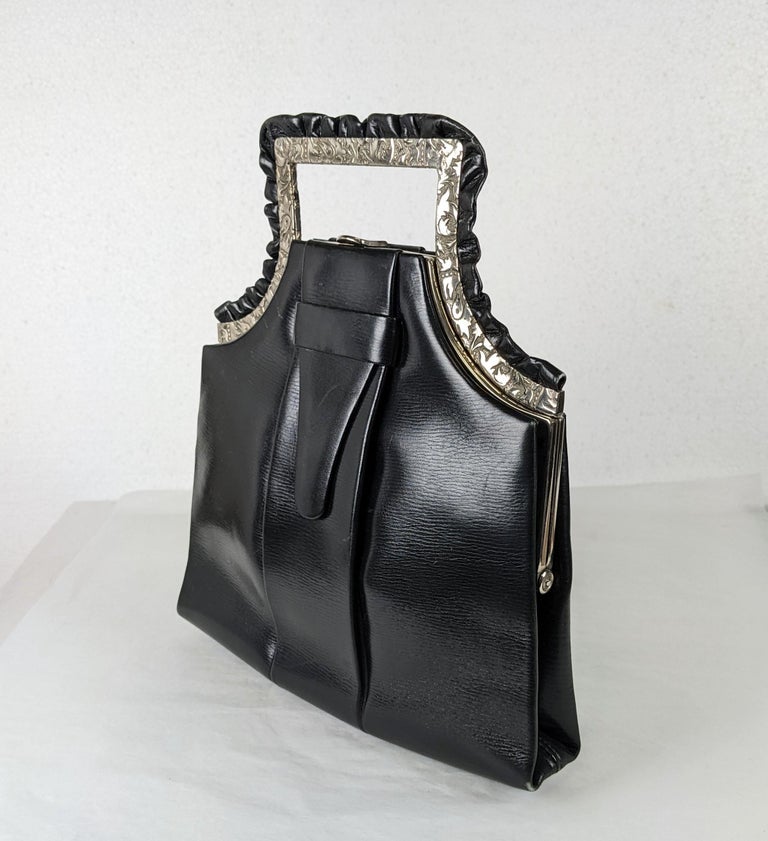 Art Deco Black Calf Top Handle Bag For Sale at 1stDibs