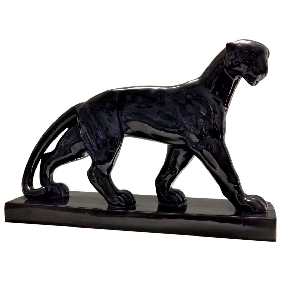 Pair of Ceramic Black Panthers For Sale at 1stDibs