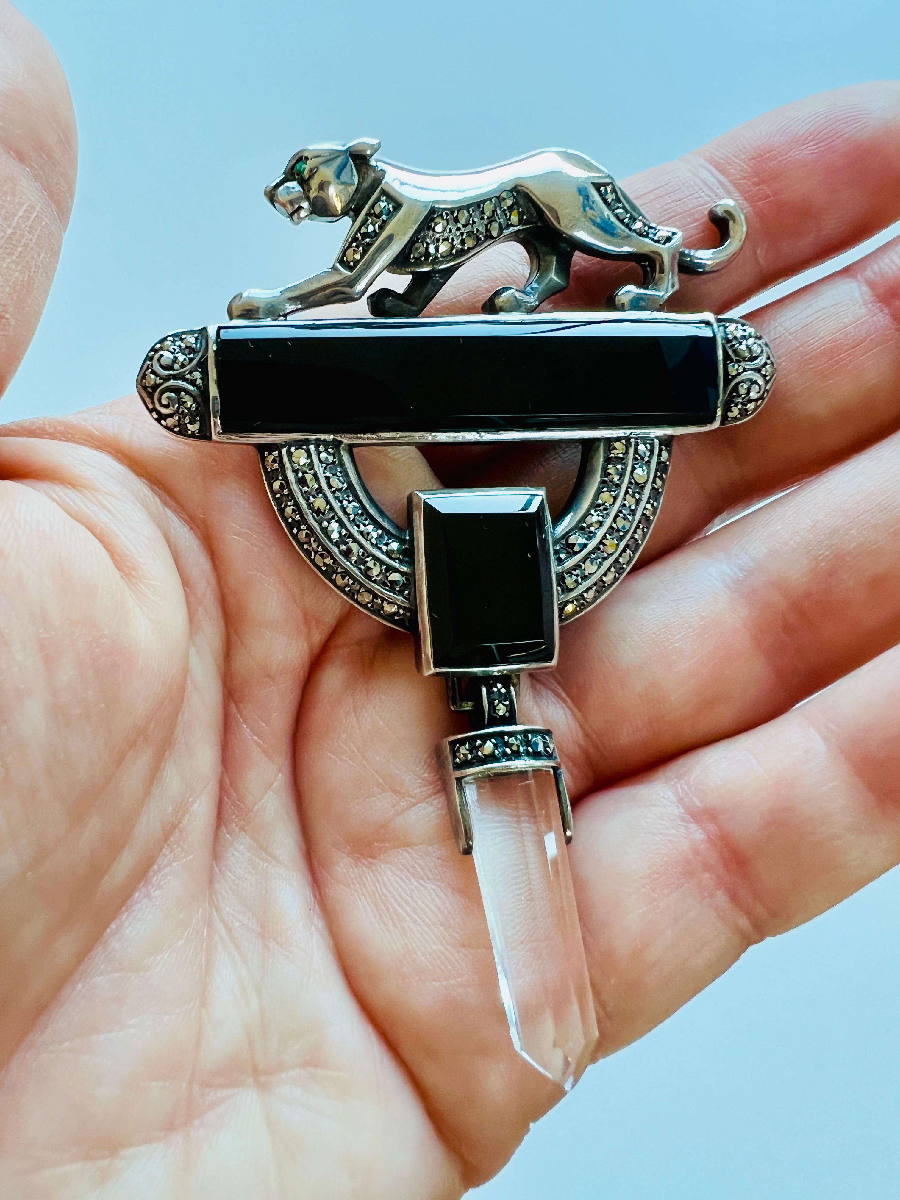Art Deco Black Onyx and Quartz Sterling Silver 925 Marcasite Panther ...