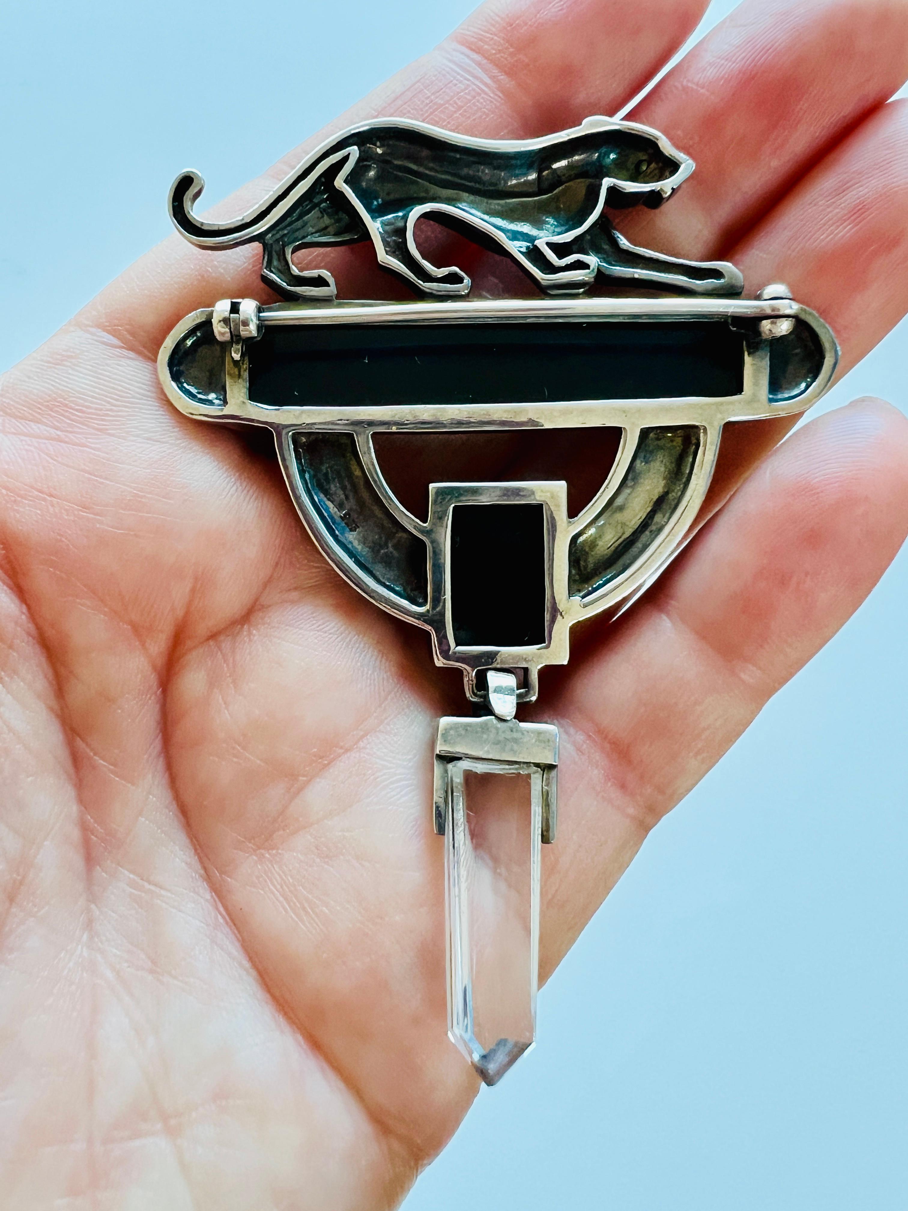 Art Deco Black Onyx and Quartz Sterling Silver 925 Marcasite Panther ...