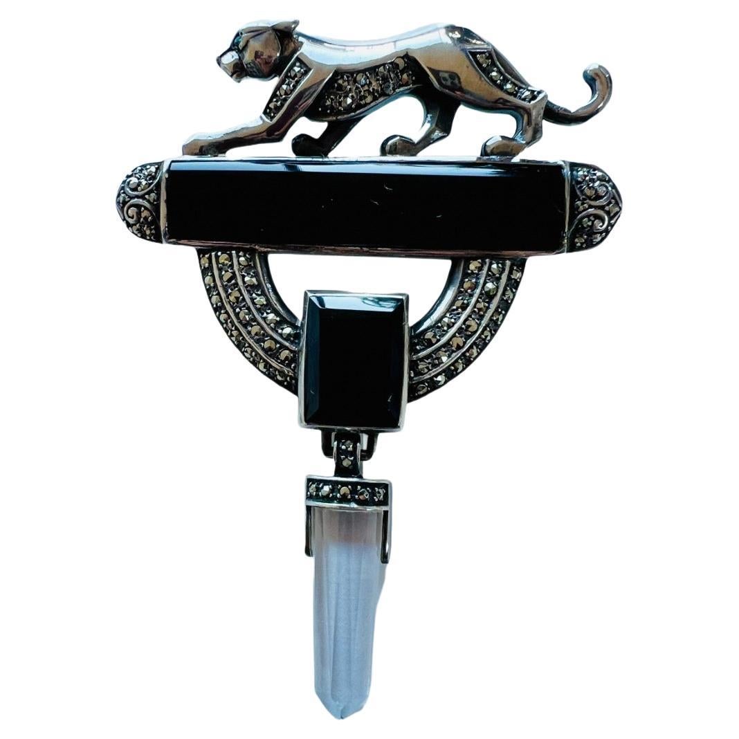 Art Deco Black Onyx and Quartz Sterling Silver 925 Marcasite Panther ...