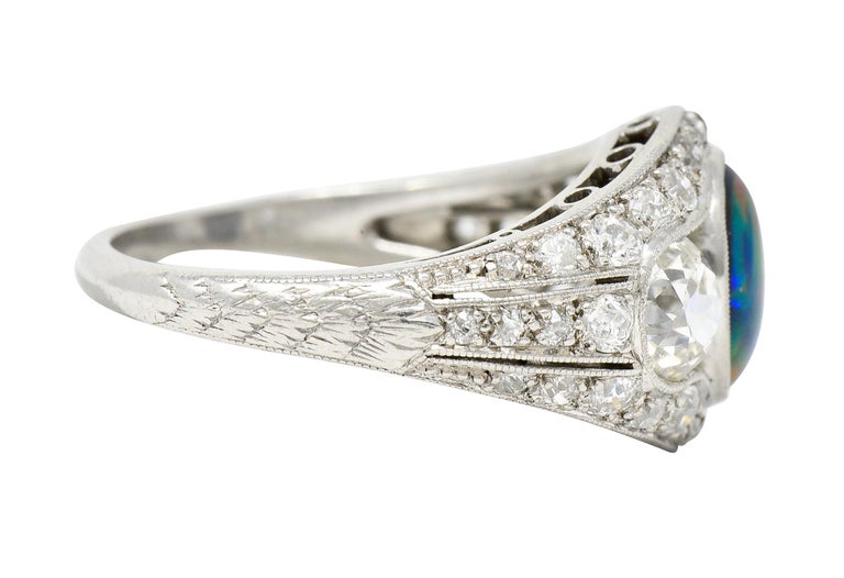 Art Deco Black Opal Cabochon Old Mine Cut Diamond Platinum Antique ...