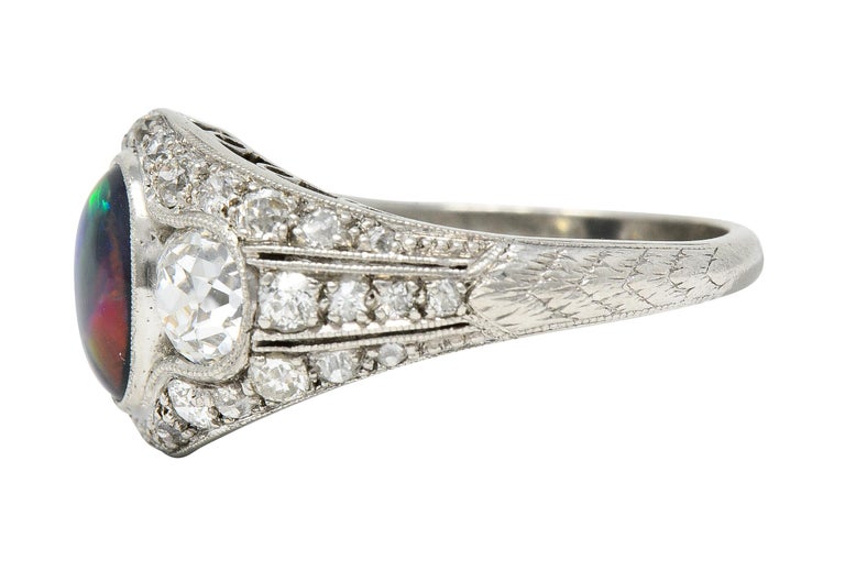 Art Deco Black Opal Cabochon Old Mine Cut Diamond Platinum Antique ...