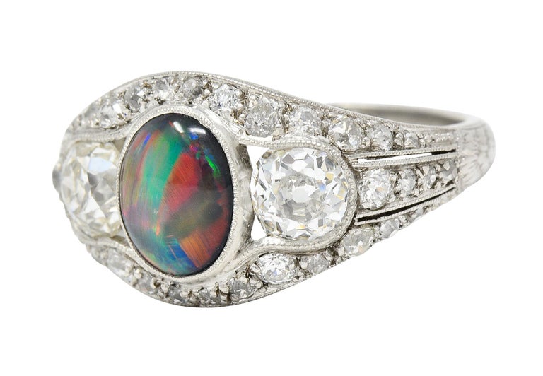 Art Deco Black Opal Cabochon Old Mine Cut Diamond Platinum Antique ...