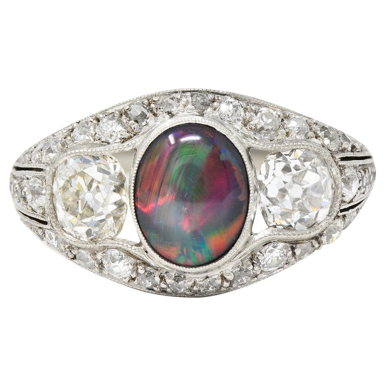 Art Deco Black Opal Cabochon Old Mine Cut Diamond Platinum Antique ...