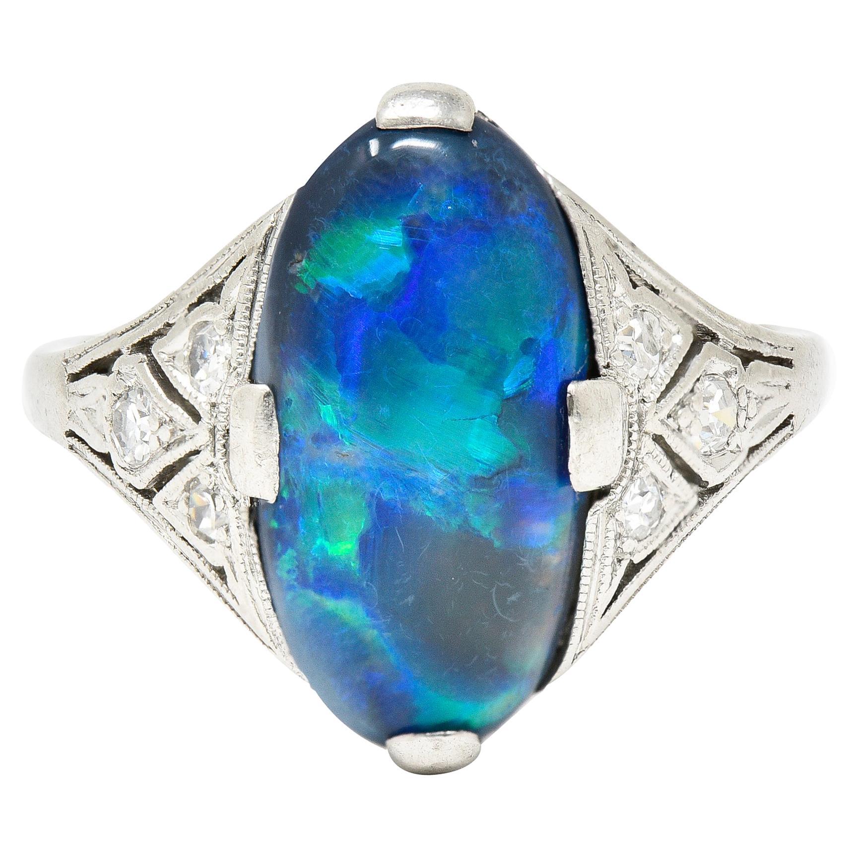 Superb Art Deco Black Opal Diamond Ring, circa 1935 For Sale at 1stDibs