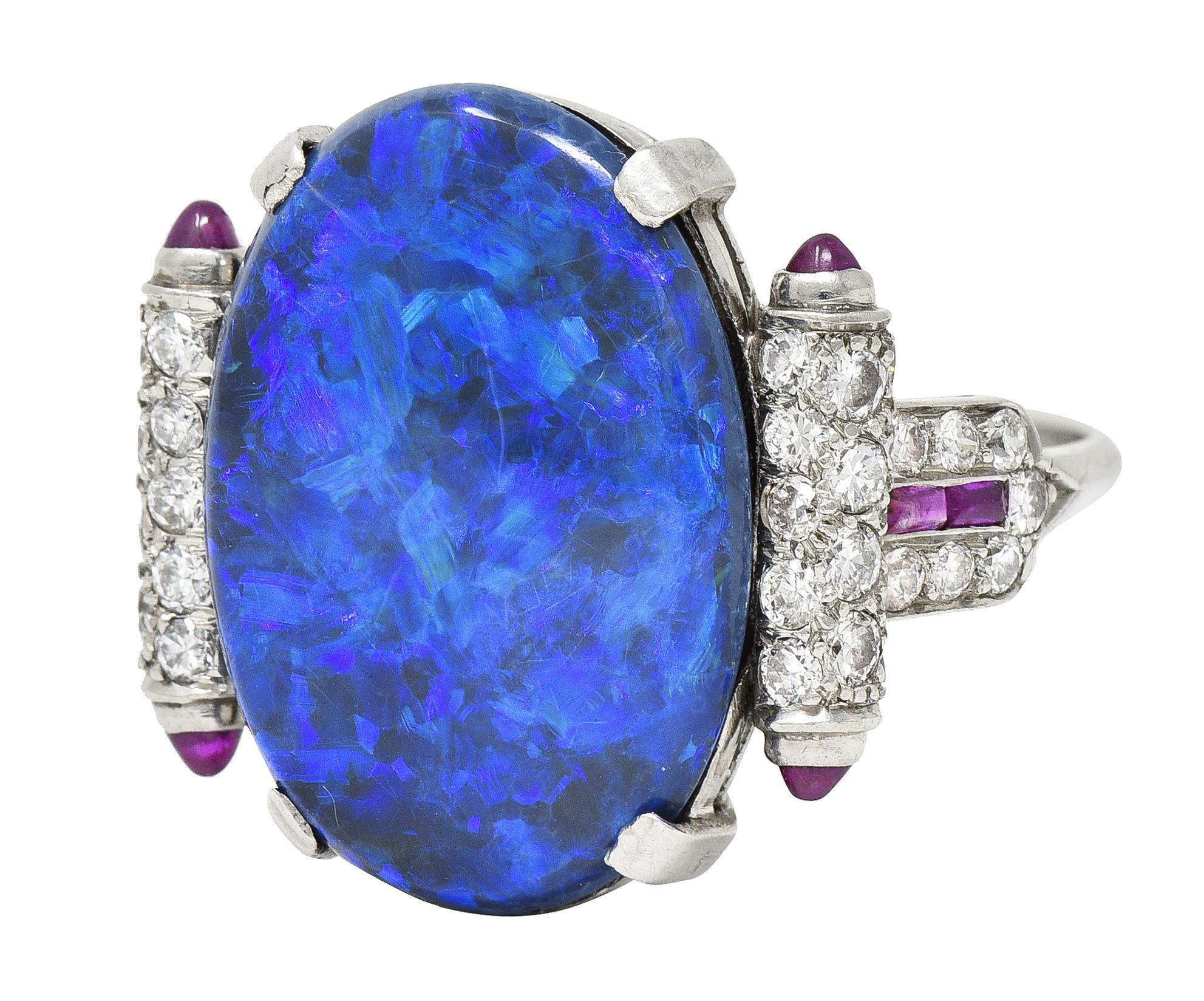 Art Deco Black Opal Pave Diamond Ruby Platinum Cocktail Ring For Sale ...