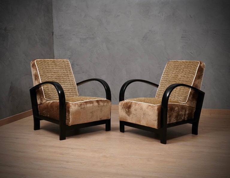 Art Deco Black Shellac and Brown Velvet Italian Armchairs, 1940 For ...