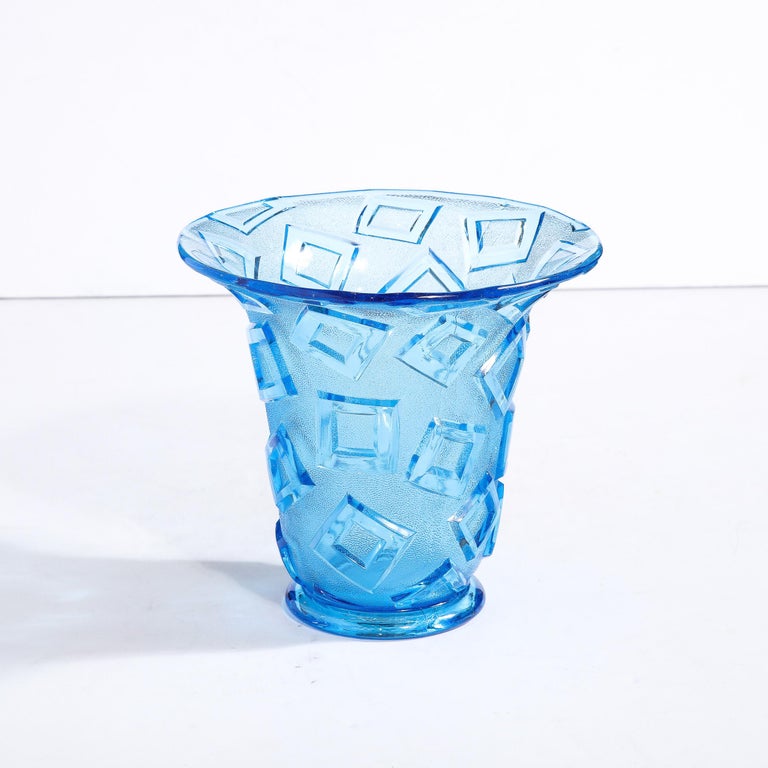 Art Deco Blue Glass Vase w/ Raised Translucent Geometric Patterning For ...