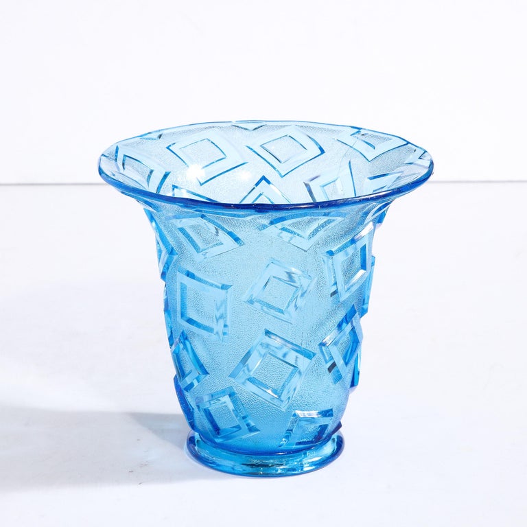 Art Deco Blue Glass Vase w/ Raised Translucent Geometric Patterning For ...