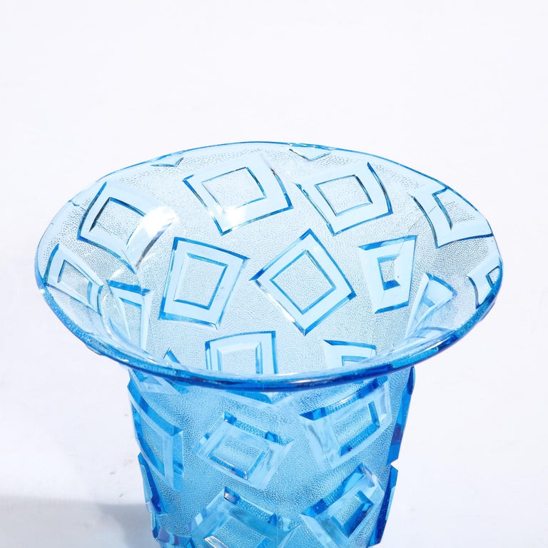 Art Deco Blue Glass Vase w/ Raised Translucent Geometric Patterning For ...