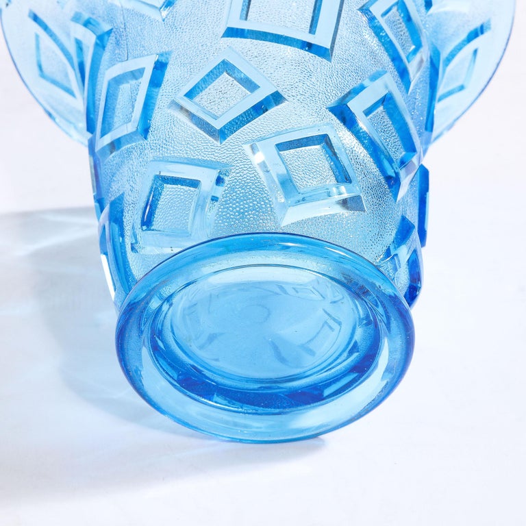 Art Deco Blue Glass Vase w/ Raised Translucent Geometric Patterning For ...