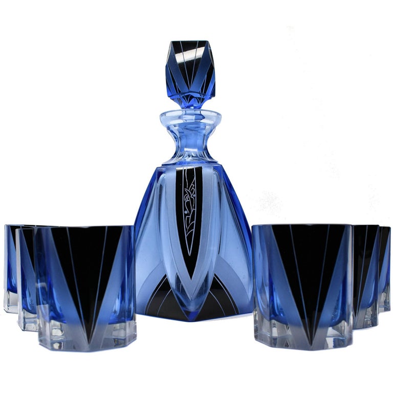 Art Deco Blue Glass Whisky Decanter Set at 1stDibs | blue decanter set