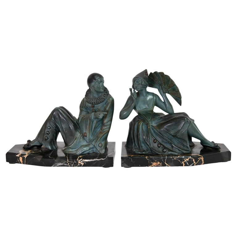 Art Deco Bookends Pierrot and the Lady with a Fan Spelter on Marble For ...