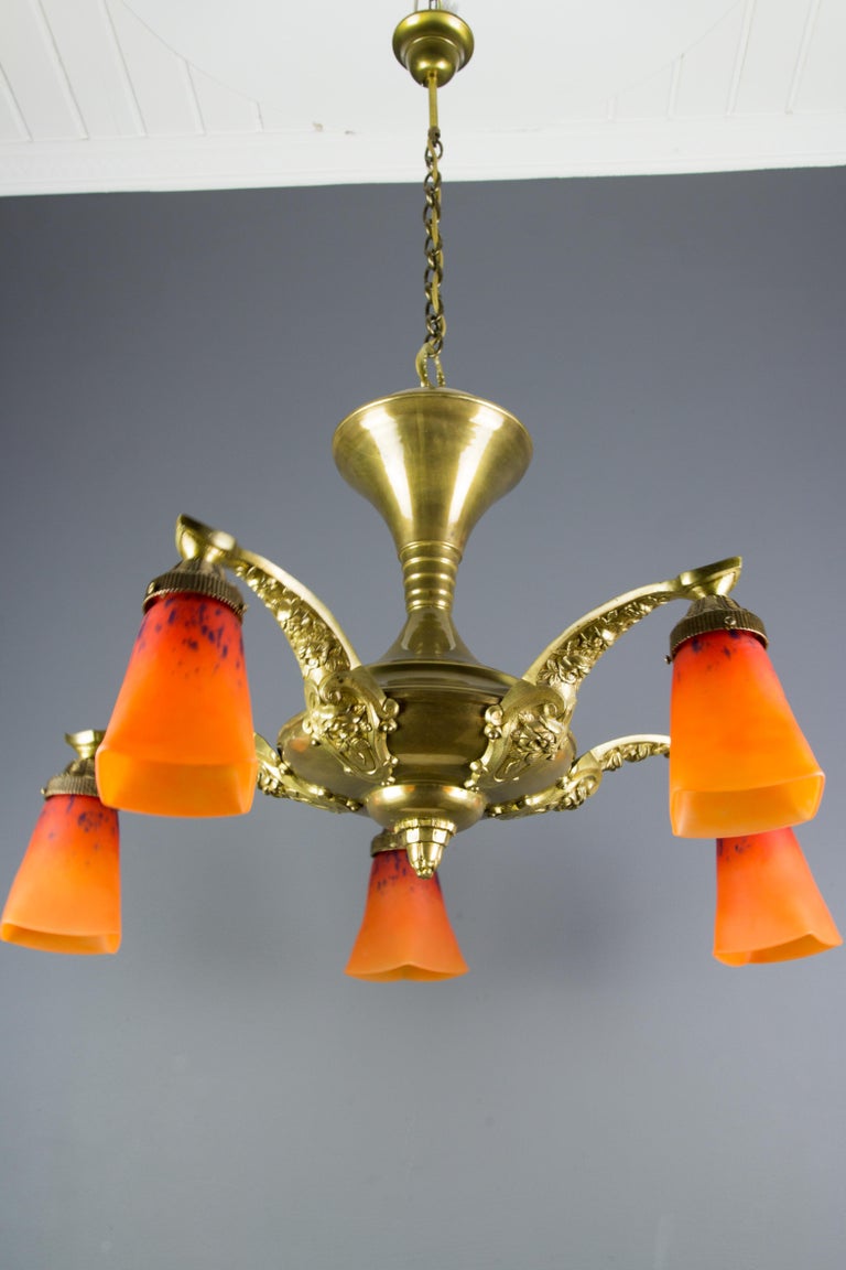 Art Deco Brass and Bronze Six-Light Chandelier with Red and Orange ...