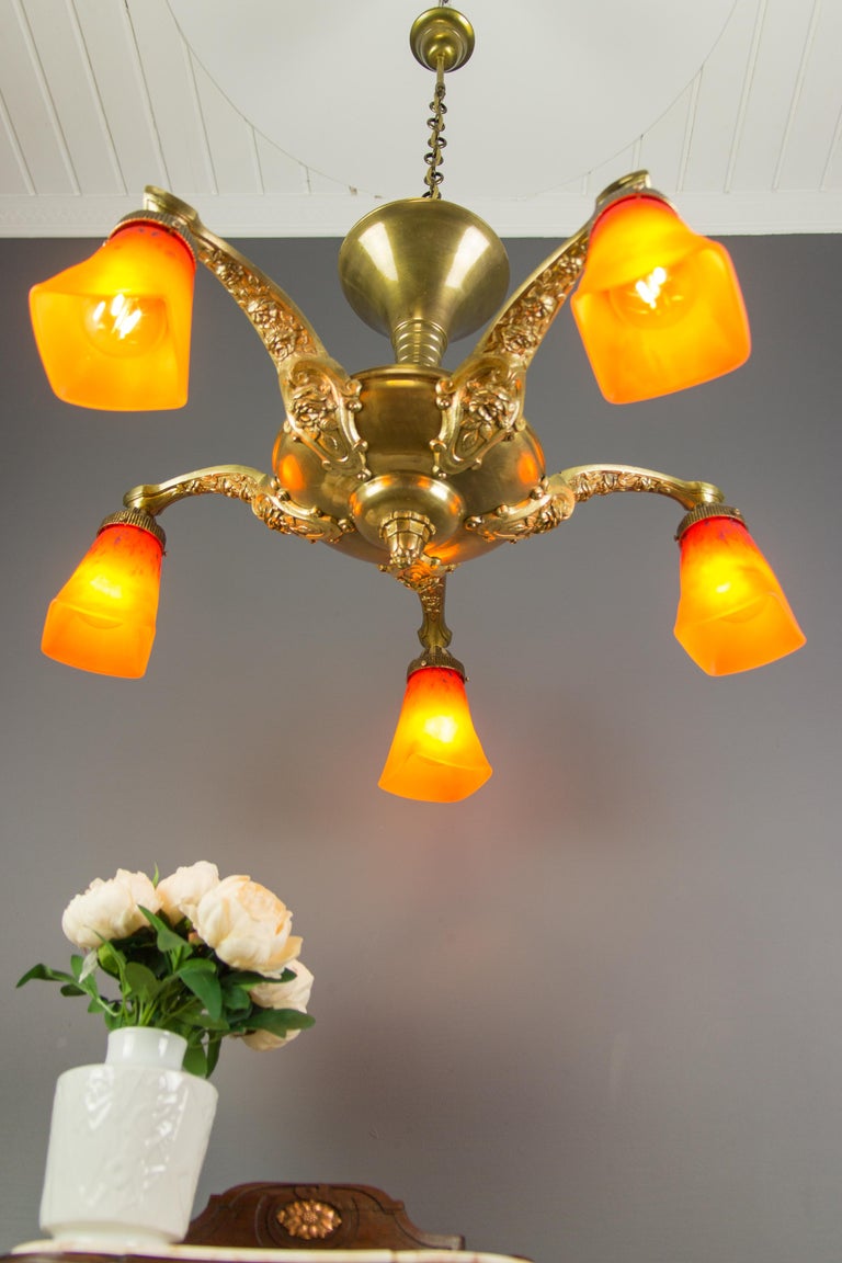 Art Deco Brass and Bronze Six-Light Chandelier with Red and Orange ...