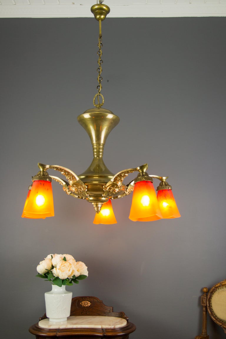 Art Deco Brass and Bronze Six-Light Chandelier with Red and Orange ...