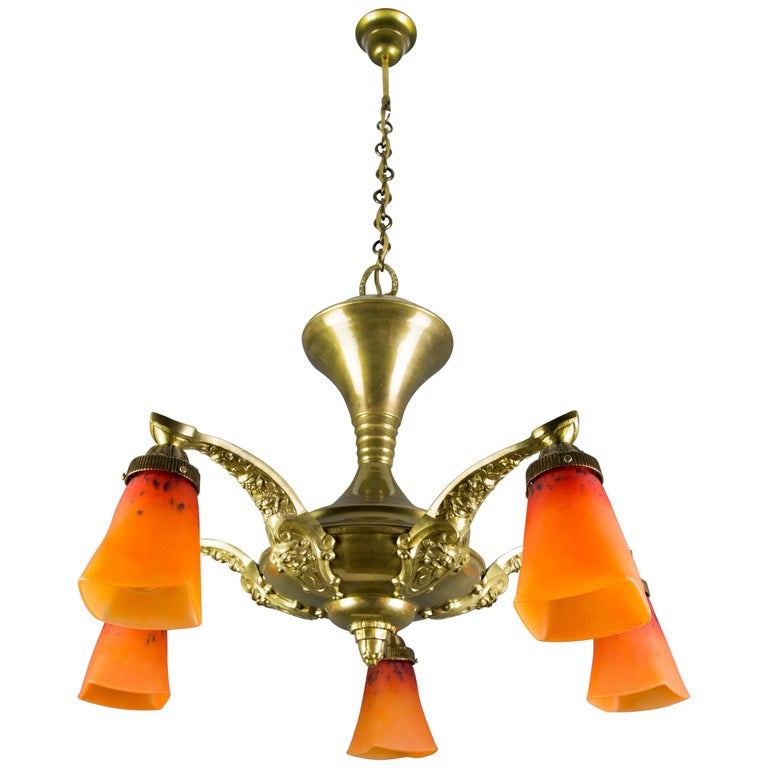 Art Deco Brass and Bronze Six-Light Chandelier with Red and Orange ...