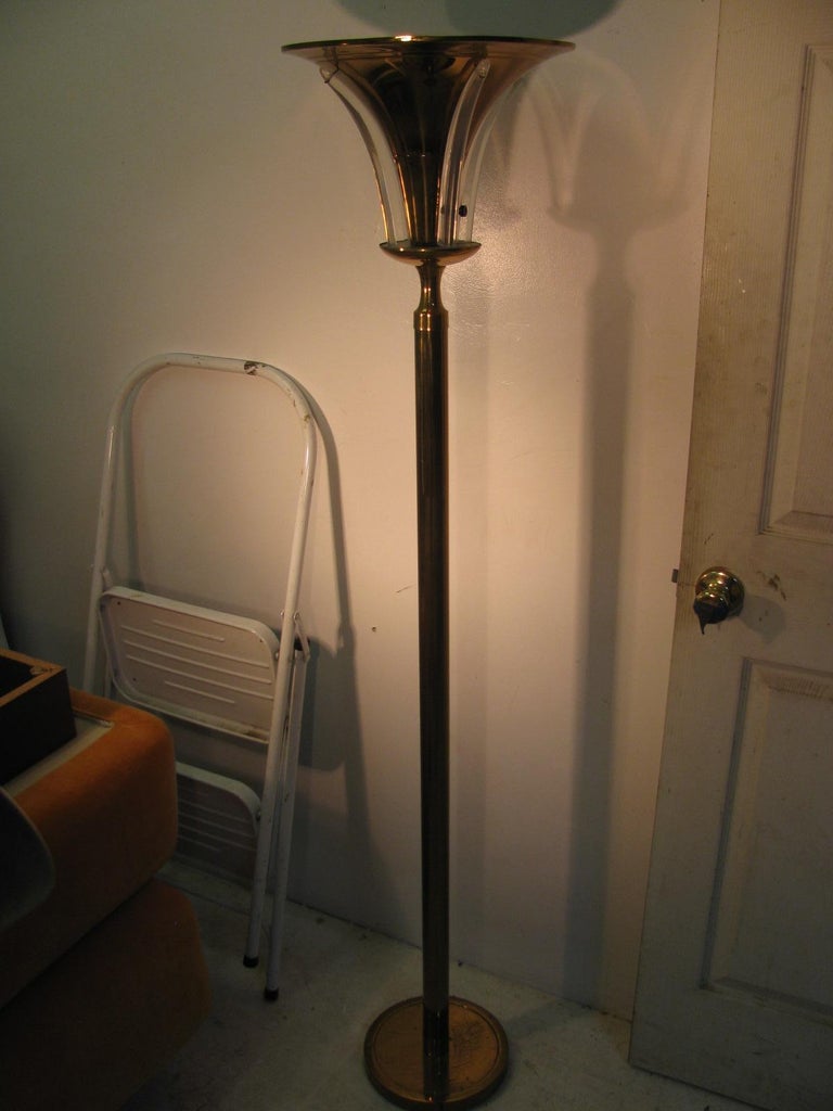 Art Deco Midcentury Brass Floor Lamp with Lucite Fins Torchiere at 1stDibs