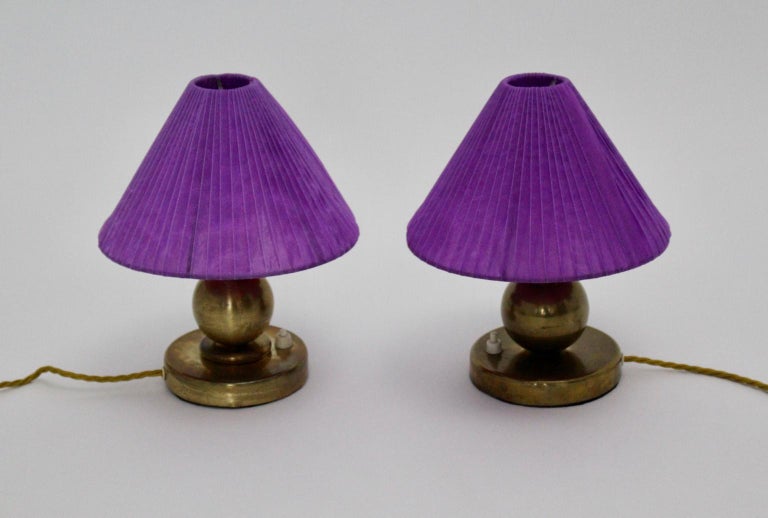 Art Deco Brass Vintage Table Lamps with Lilac Lamp Shade 1930s, France ...