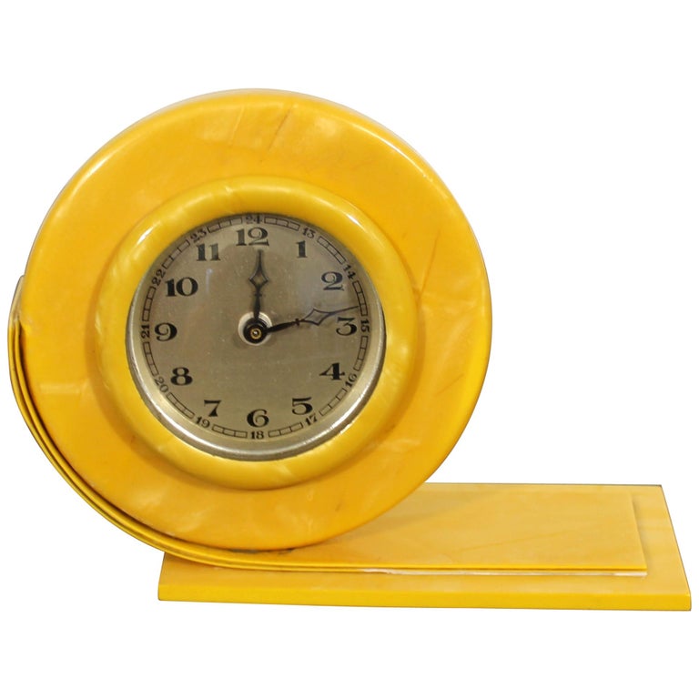 Art Deco Bright Yellow Celluloid Mantle Shelf Clock with Round Face ...