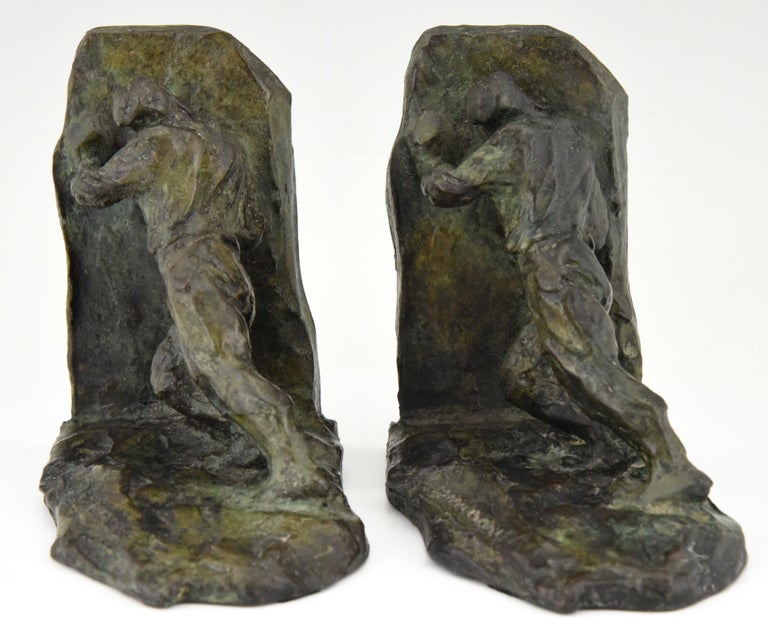 Art Deco Bronze Bookends Two Men Pushing Victor Demanet 1925 France at ...