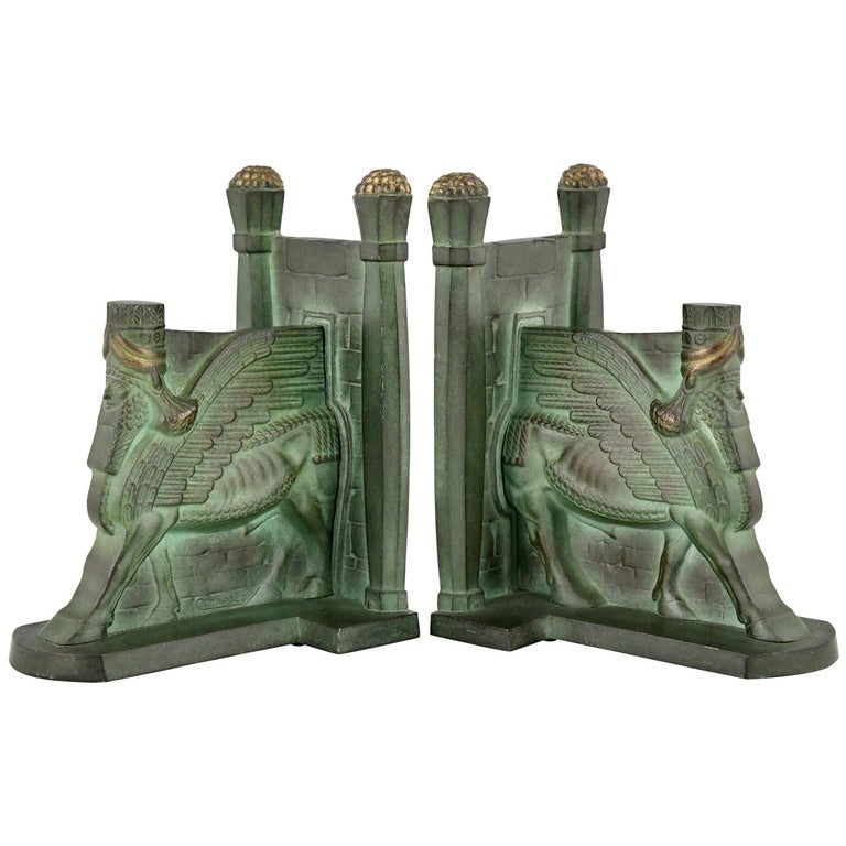 Art Deco Bronze Lamassu Winged Man Bull Bookends C. Charles, 1930 For ...